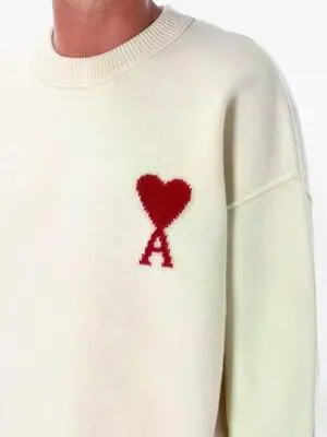 AMI Paris De Coeur Crewneck Wool Sweater - Neutrals
