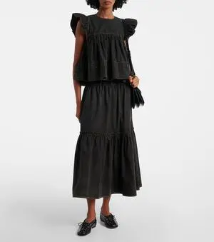 GANNI Smocked Tiered Cotton Maxi Skirt