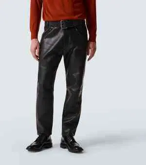 Saint Laurent Belted Straight Leather Pants