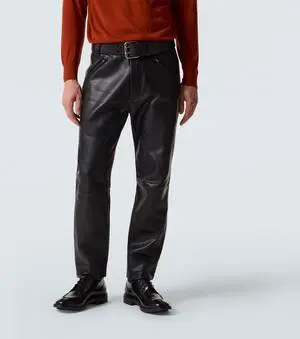 Saint Laurent Belted Leather Straight Pants