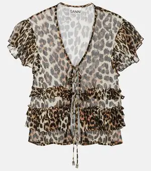 GANNI Leopard-print Ruffled Chiffon Blouse - Multicoloured