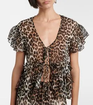GANNI Leopard-print Ruffled Chiffon Blouse - Multicoloured