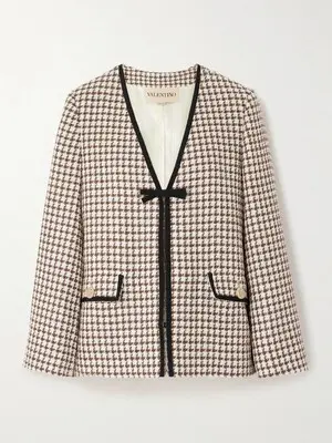 Valentino Garavani Houndstooth Tweed Jacket With Grosgrain Trim - Cream