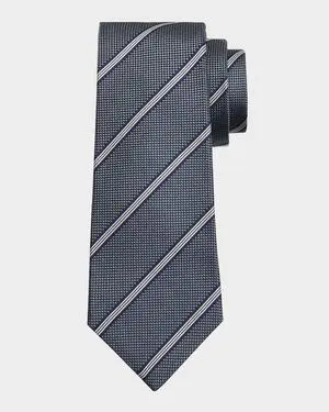 Kiton Silk Diagonal Stripe Jacquard Seven-Fold Tie Slvr