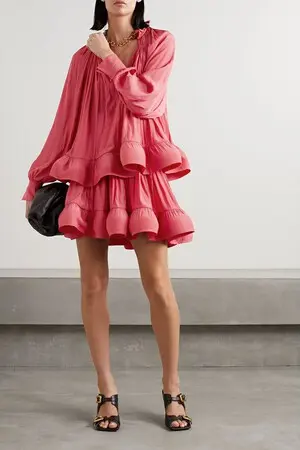 LANVIN Ruffled Gathered Charmeuse Mini Skirt - Coral