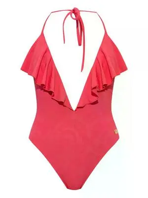 Balmain Ruffled Halter Swimsuit - Red