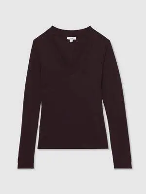 REISS Brady Jersey V-neck Top - Plum