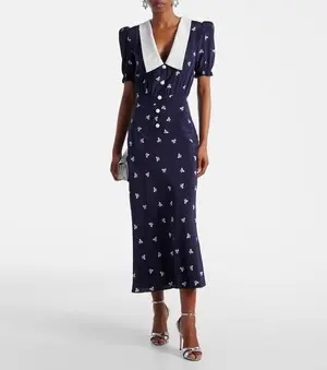 Alessandra Rich Printed Silk Midi Dress - Blue