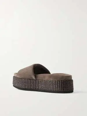 Brunello Cucinelli Suede Platform Espadrille Sandals - Dark Brown