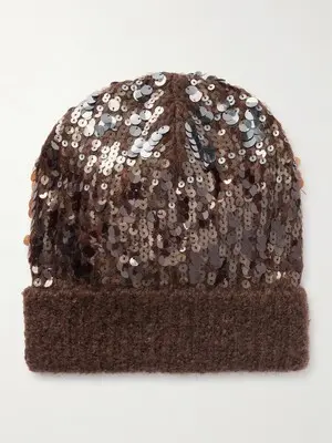 Brunello Cucinelli Sequined Ribbed Mohair-blend Beanie - Brown