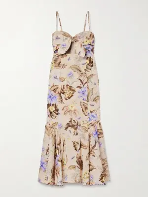 Zimmermann Coco Bow-embellished Floral-print Linen Midi Dress - Neutrals