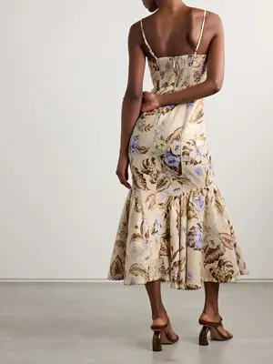 Zimmermann Coco Bow-embellished Floral-print Linen Midi Dress - Neutrals