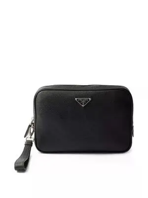 Prada Leather Pouch With Metal Logo - Black