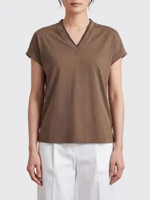 Brunello Cucinelli Cotton V-neck T-shirt With Monili Embellishment - Camel