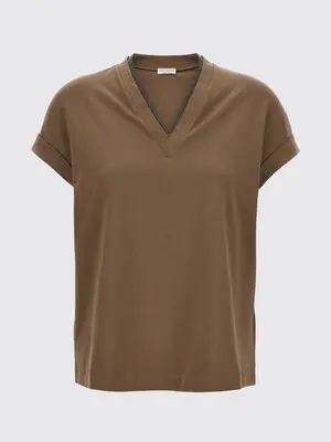 Brunello Cucinelli Cotton V-neck T-shirt With Monili Embellishment - Camel