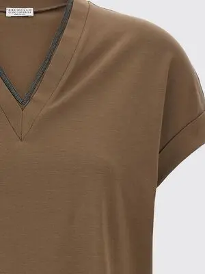 Brunello Cucinelli Cotton V-neck T-shirt With Monili Embellishment - Camel