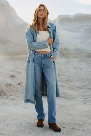 PILCRO Denim Trench Coat With Tie Belt - Light Denim