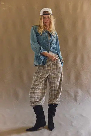 Free People Plaid Pull-on Pants - Ivory Combo - Plaid