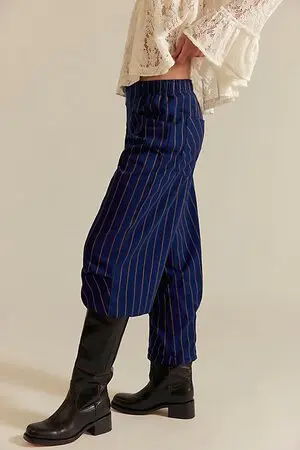 Free People Plaid Pull-on Pants - Navy Combo - Pinstripe