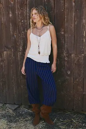 Free People Plaid Pull-on Pants - Navy Combo - Pinstripe