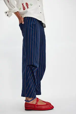 Free People Plaid Pull-on Pants - Navy Combo - Pinstripe
