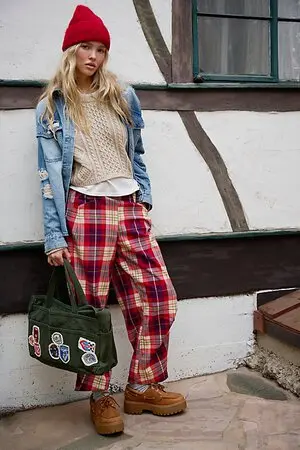 Free People Plaid Pull-on Pants - Wine Combo-lantern Plaid
