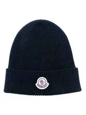 Moncler Ribbed Beanie With Logo Patch - Blue