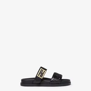 Fendi Ff Baguette Nappa Leather Slides - Black