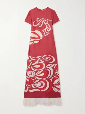 La DoubleJ Swing Feather-trimmed Printed Silk-twill Maxi Dress - Red