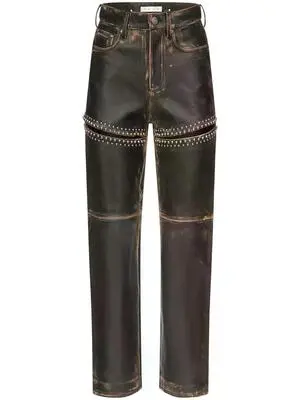 AREA Studded Leather Slit Jeans - Black