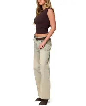 EDIKTED Jarah Pointelle Knit Boat Neck Top - Brown
