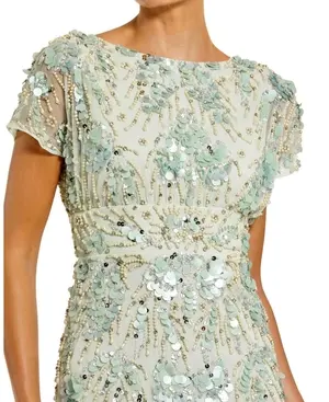 Mac Duggal Embellished Mesh Cap Sleeve Midi Dress