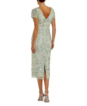 Mac Duggal Embellished Mesh Cap Sleeve Midi Dress