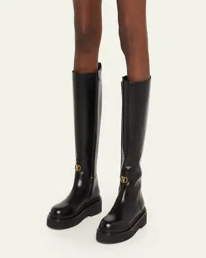 Valentino Garavani Vitello Brass Vlogo Leather Knee-high Boots