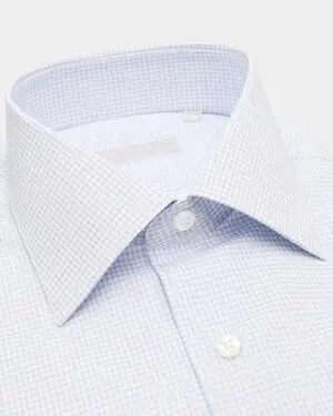 Stefano Ricci Apos;s Cotton Micro-graph Check Point Collar Dress Shirt - Blue