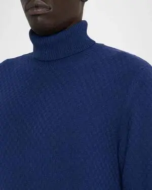 Neiman Marcus Basketweave Wool And Cashmere Turtleneck Sweater - Blue