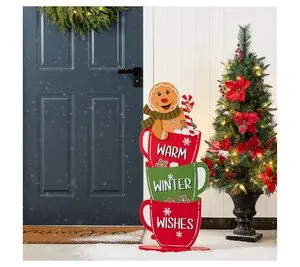 GLITZHOME 35' Christmas Coffee Cups Gingerbread Porch Sign - One-color