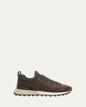 Brunello Cucinelli Suede Runner Sneakers With Monili Pull Tab - Black Stone