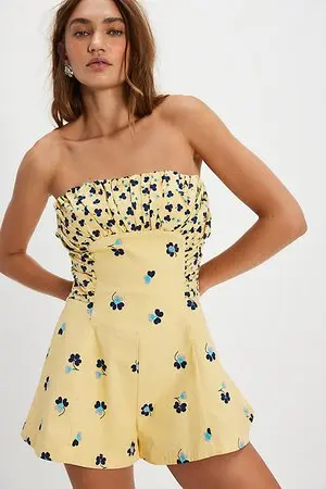 Free People Rolland Strapless Romper - Mellow Yellow Combo