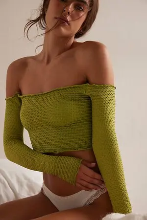 Free People Textured Long Sleeve Crop Top Summer Moss