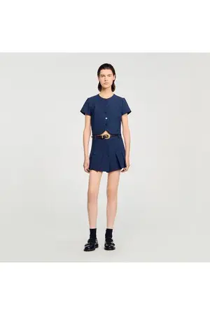 Sandro Rounded Hem Buttoned Crop Top - Blue / Navy