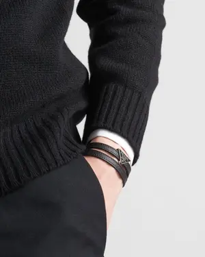 Prada Saffiano Leather Bracelet With Enamel Triangle Logo - Black