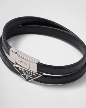 Prada Saffiano Leather Bracelet With Enamel Triangle Logo - Black