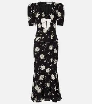 Alessandra Rich Floral Printed Silk Midi Dress - Black