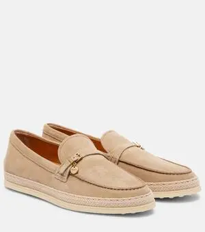 TOD'S Raffia-trimmed Suede Loafers - Beige
