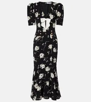 Alessandra Rich Floral Printed Silk Midi Dress - Black
