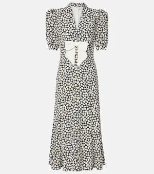 Alessandra Rich Floral Printed Silk Midi Dress - Black