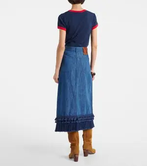 Valentino Garavani Fringed Denim Midi Skirt