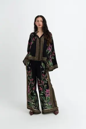 RAISHMA Siara Floral Print Wide-leg Trousers - Black