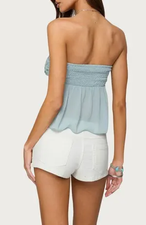 EDIKTED Beaded Strapless Chiffon Top